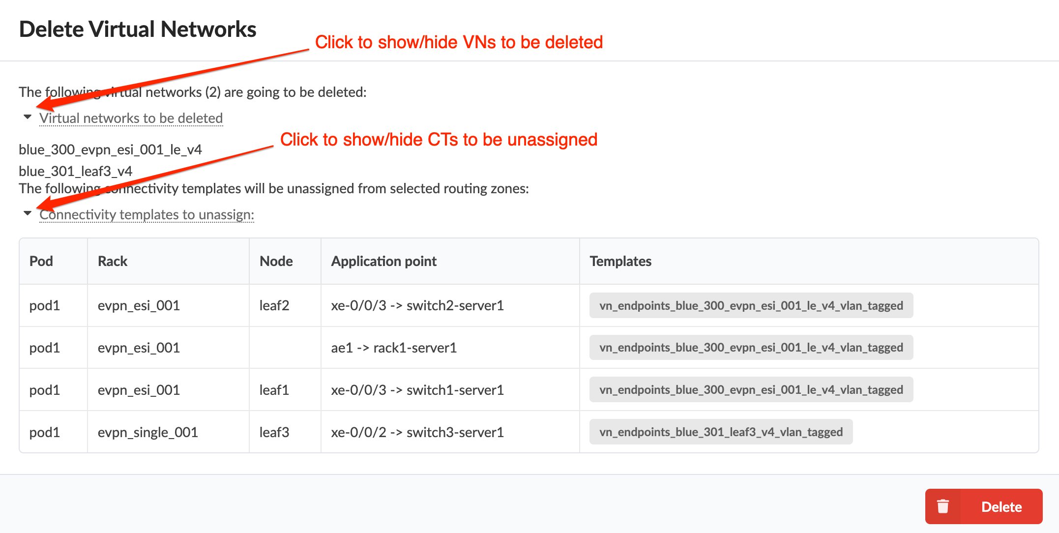 Delete Virtual Network | Apstra 6.1 | Juniper Networks